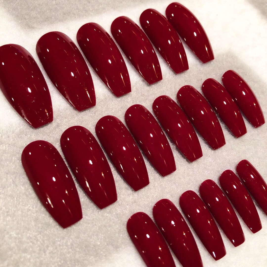 Crimson Red Faux Nails, Fake Nails, Glue on Nails, Dark Red, Burgundy ...