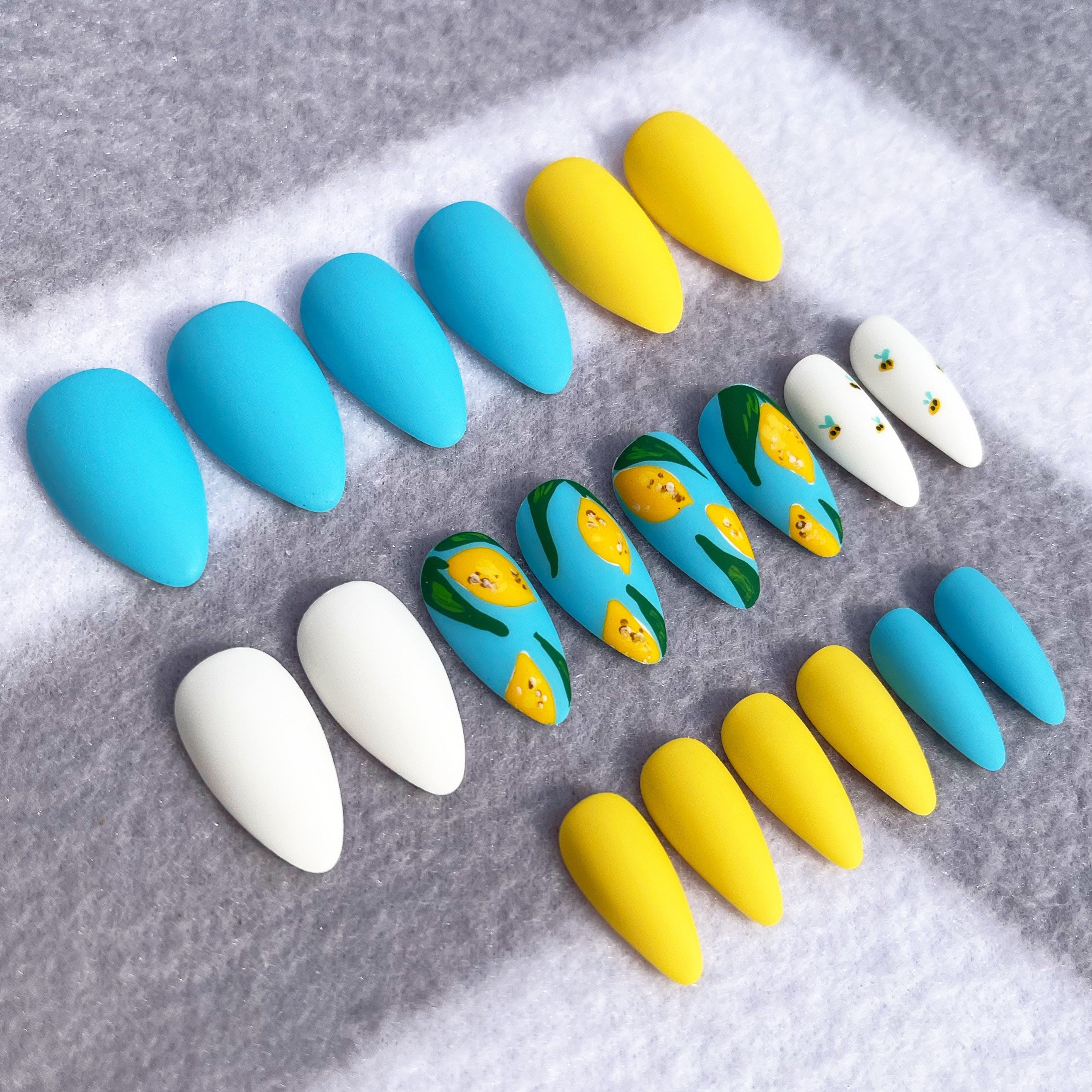 Lemon Fake Nails Faux Nails Glue on Nails Bees Blue Nails - Etsy