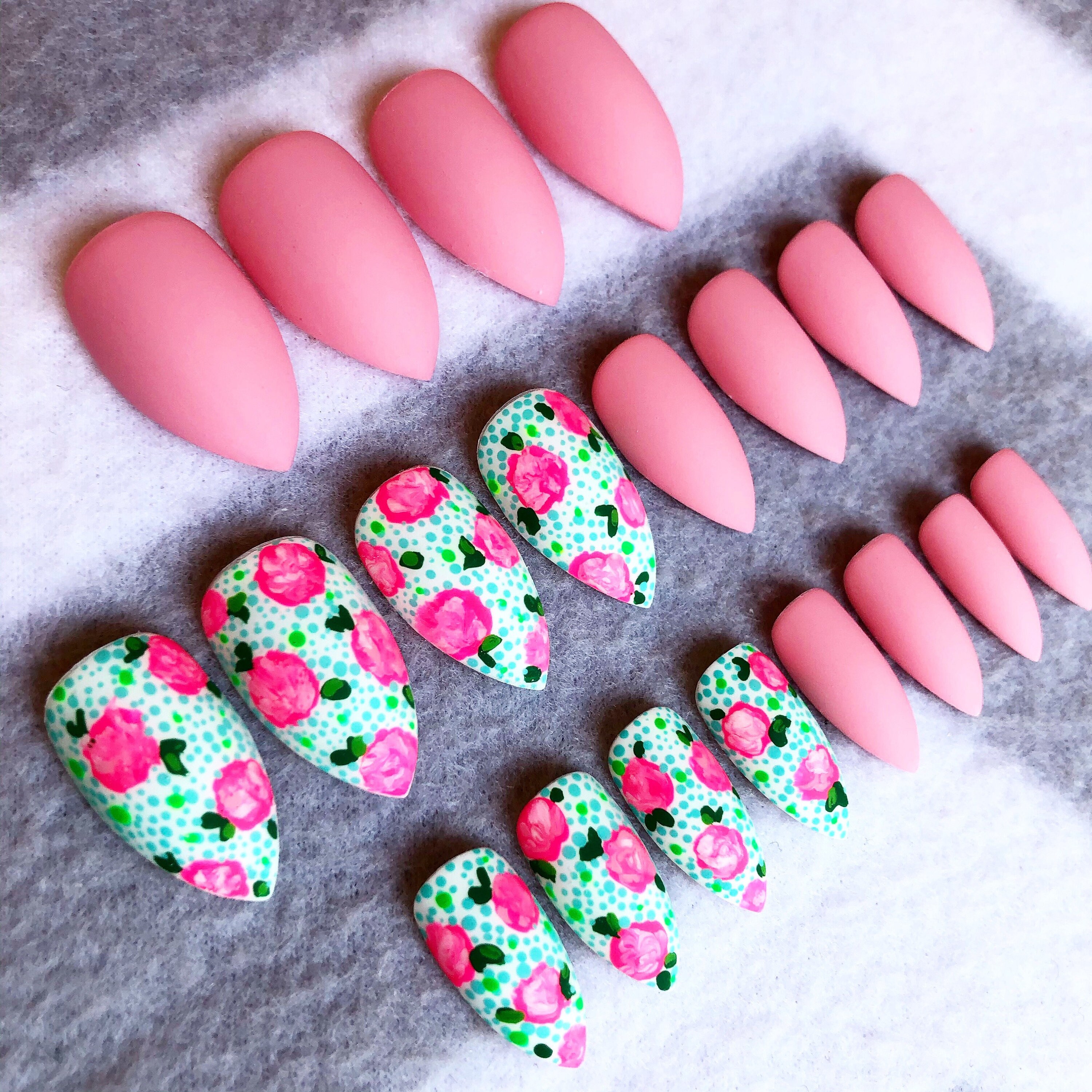 Pink Floral Fake Nails Faux Nails Glue on Nails Pink | Etsy