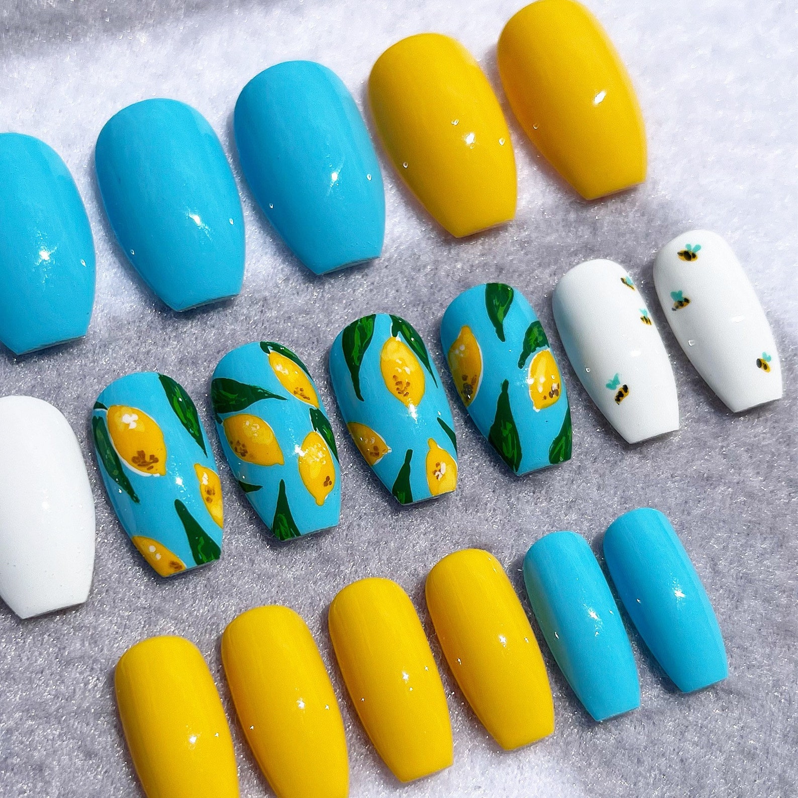 Lemon Fake Nails Faux Nails Glue on Nails Bees Blue Nails - Etsy