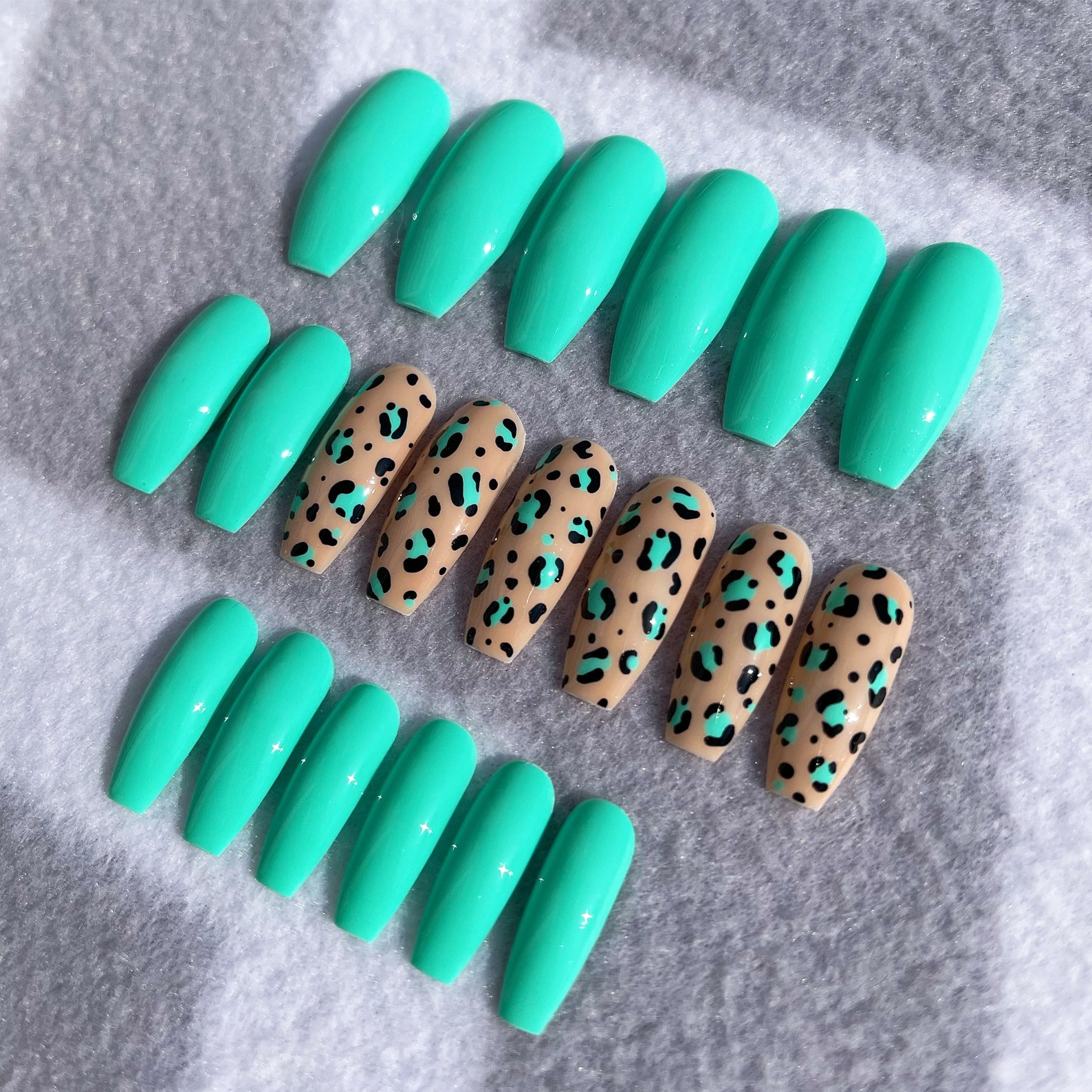 Mint Leopard Print Fake Nails Press on Nails Faux Nails - Etsy