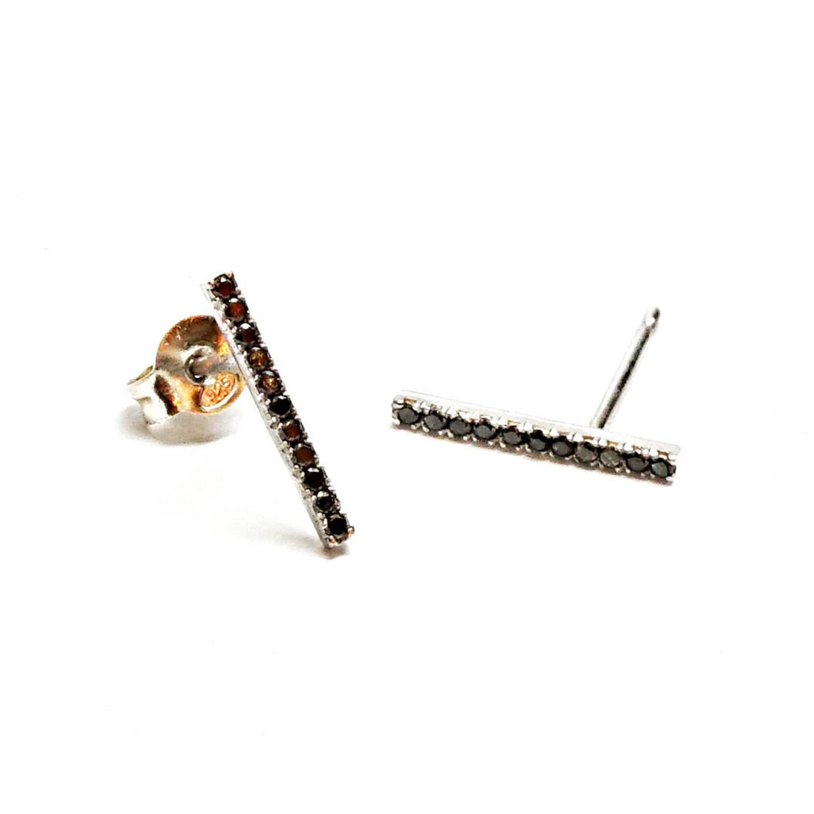 18k Black Diamonds Bar Line Earrings | Long Bar Earrings | Post ...