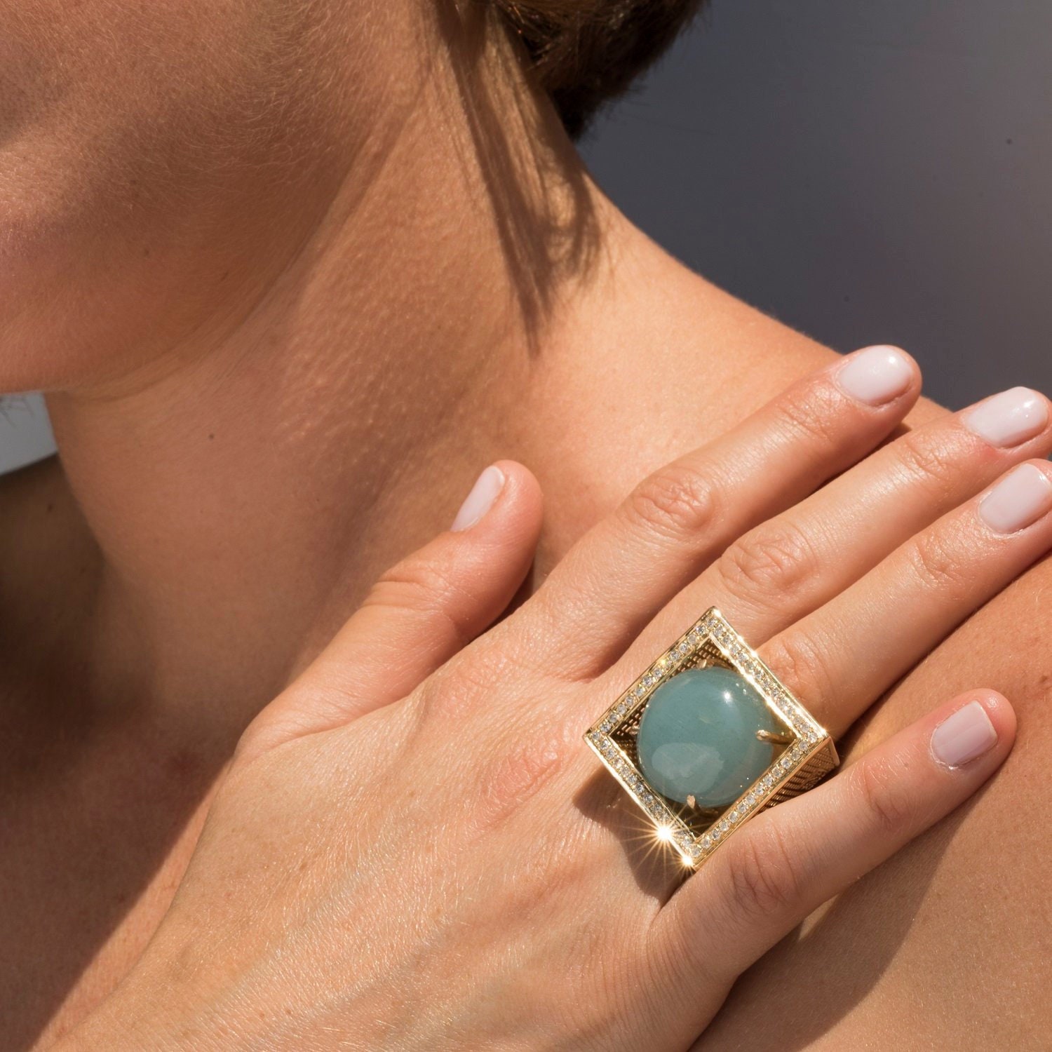 White Diamonds Ring, 14k Large Gemstone Ring, Aquamarine Unique Ring ...