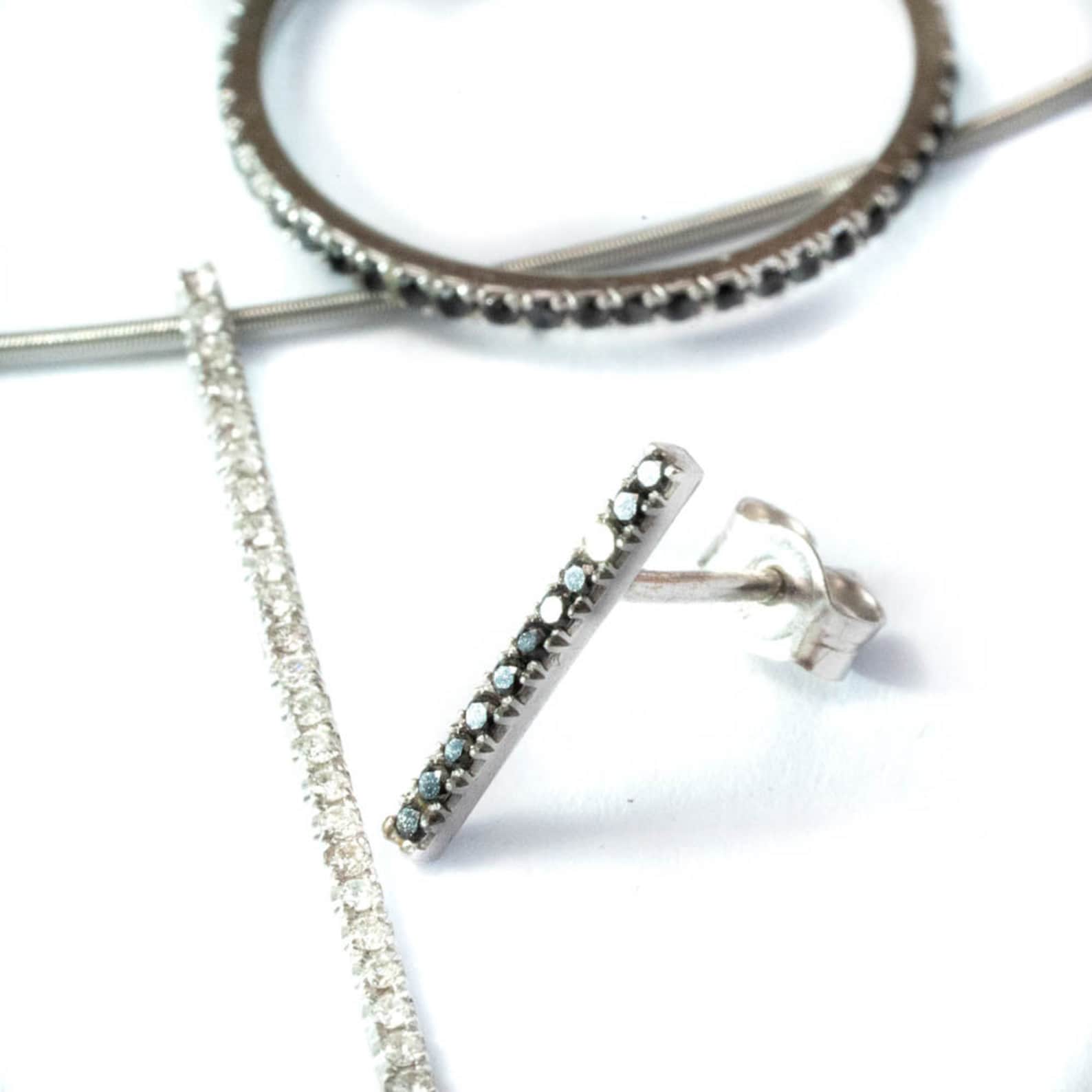 18k Black Diamonds Bar Line Earrings Long Bar Earrings | Etsy