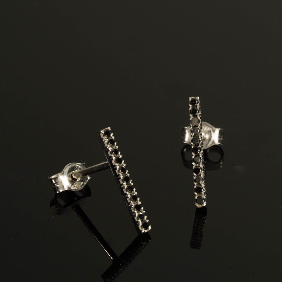 18k Black Diamonds Bar Line Earrings | Long Bar Earrings | Post ...