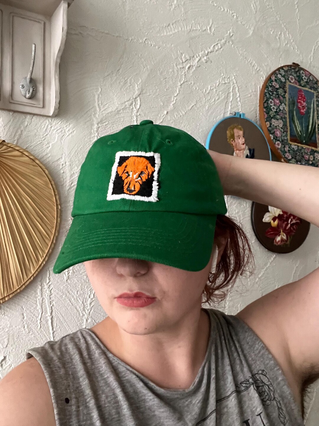 Handembroidered Upcycled Green and Orange Dog Baseball Cap - Etsy