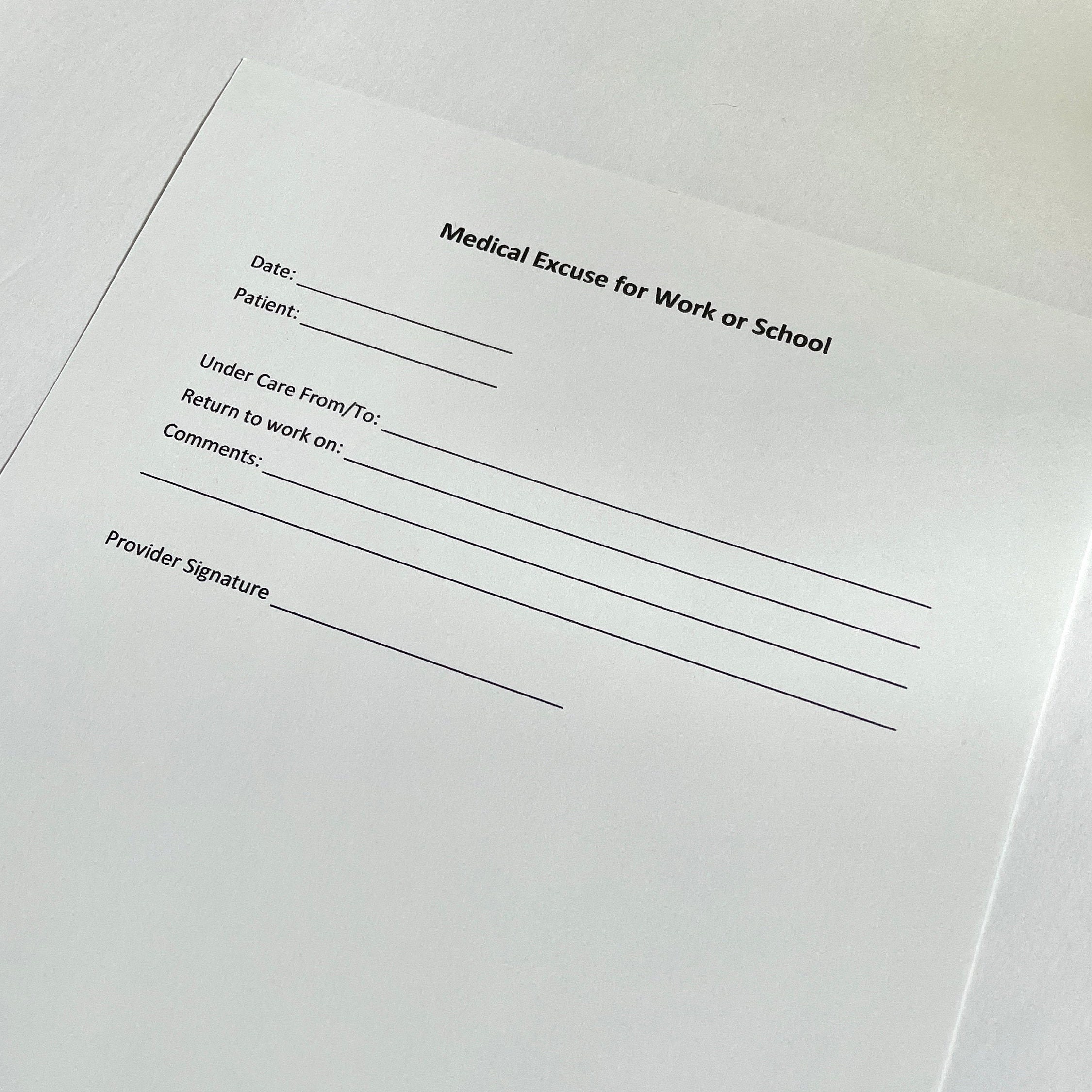 Medical Excuse for Work or School Downloadable Printable Form - Etsy