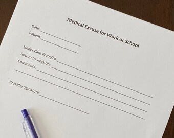 Medical Excuse for Work or School Downloadable Printable Form - Etsy