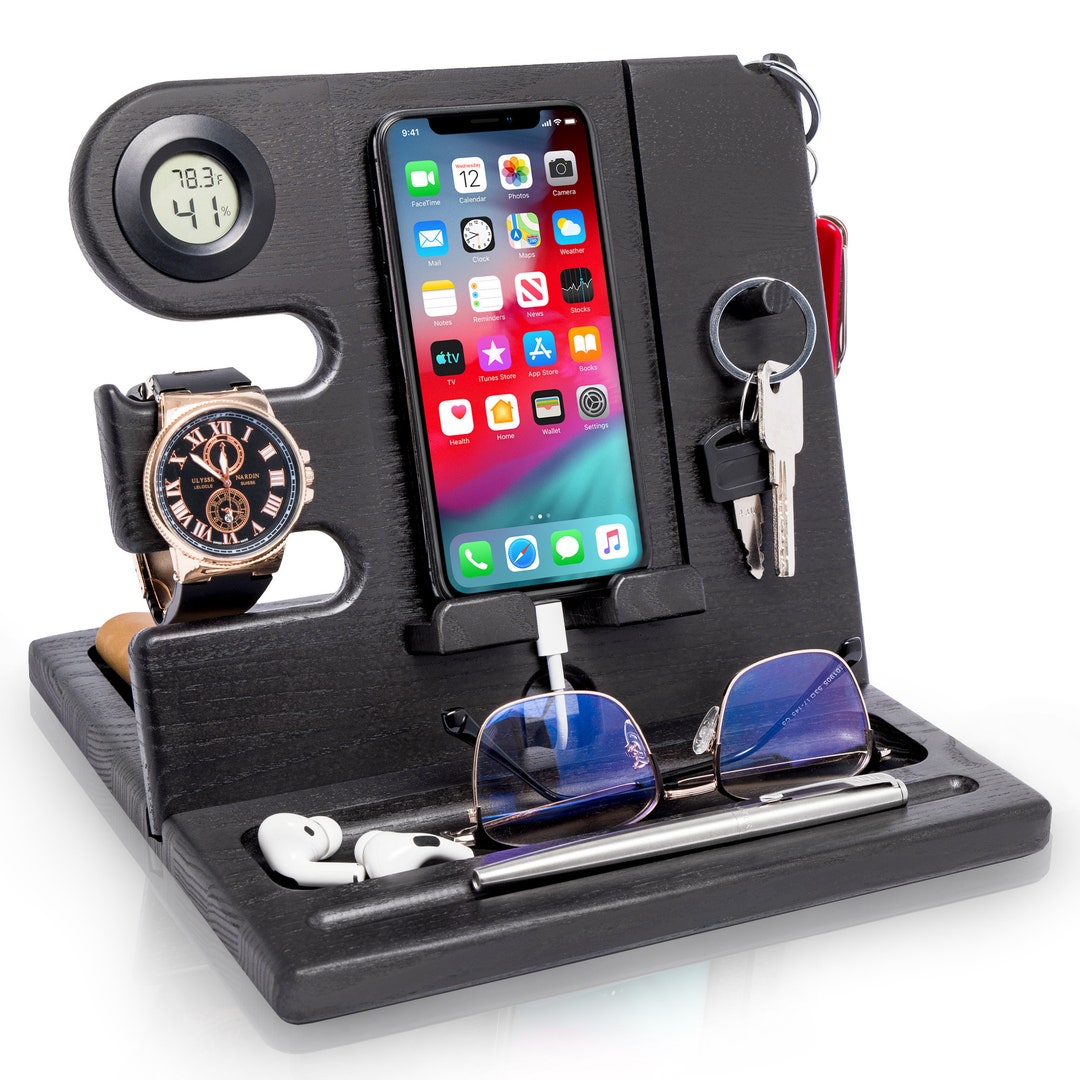 Wood Phone Docking Station With Thermometer and Hygrometer Ash Key ...
