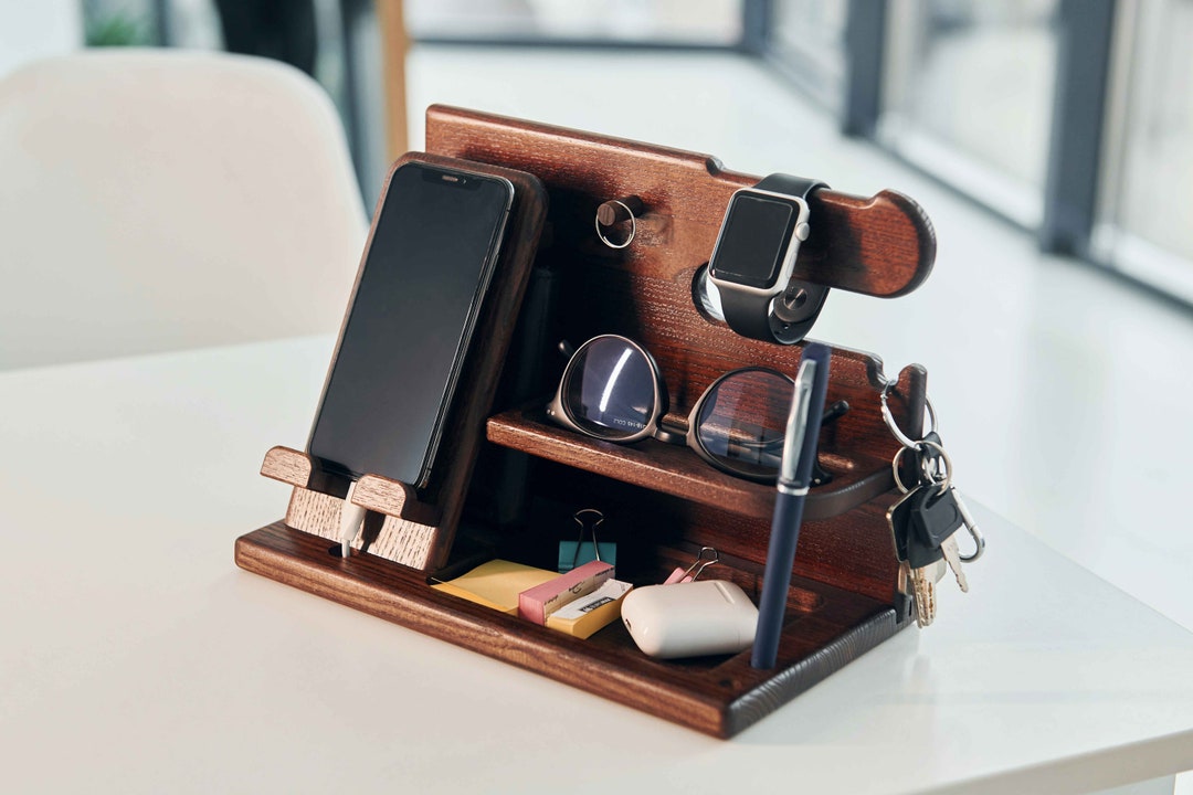 Wooden Desk Organizer for Men's, Docking Station With Wallet Stand ...