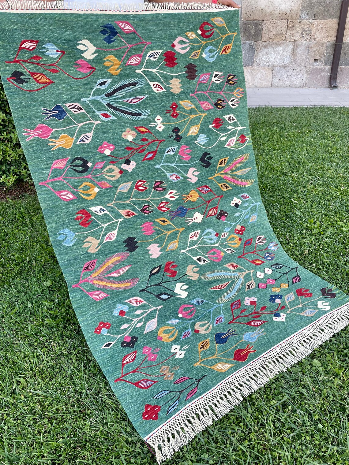 Hand Weave Green Color Floral Kilim Rug Turkish Rug Hand - Etsy