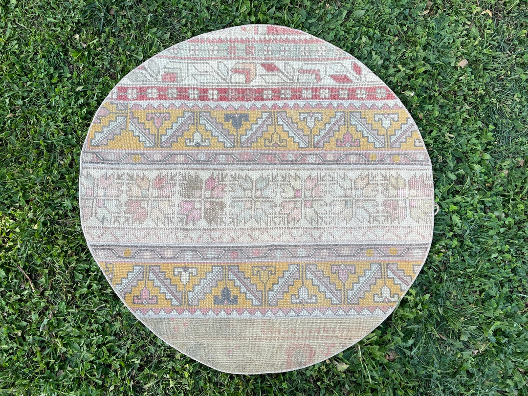 Patchwork Round Rug, Vintage Round Rug, Low Pile Distressed Round Rug ...