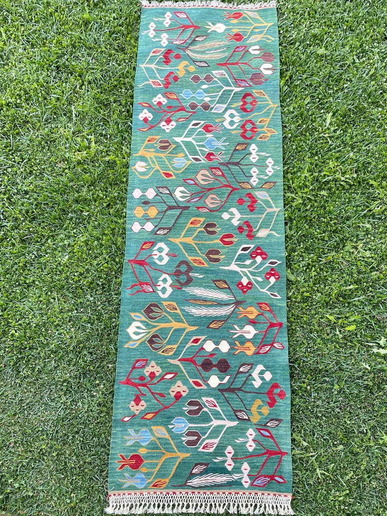 Floral Green Color Runner Rug, Turkish Oushak Runner Rug, Hallway Rug ...