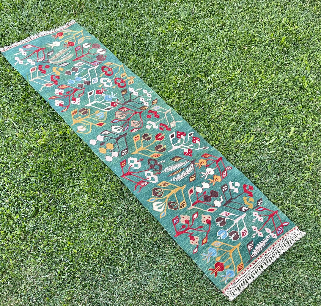 Floral Green Color Runner Rug, Turkish Oushak Runner Rug, Hallway Rug ...