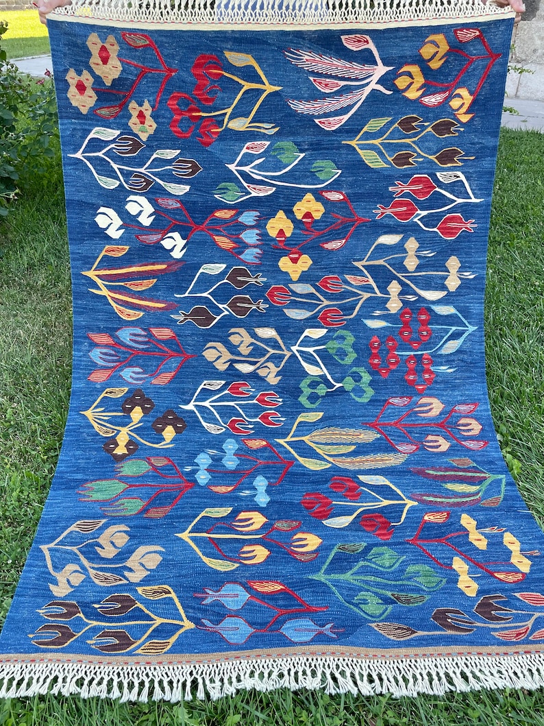 Blue Rug Turkish Rug Oushak Rug Blue Color Rug Boho Kilim - Etsy