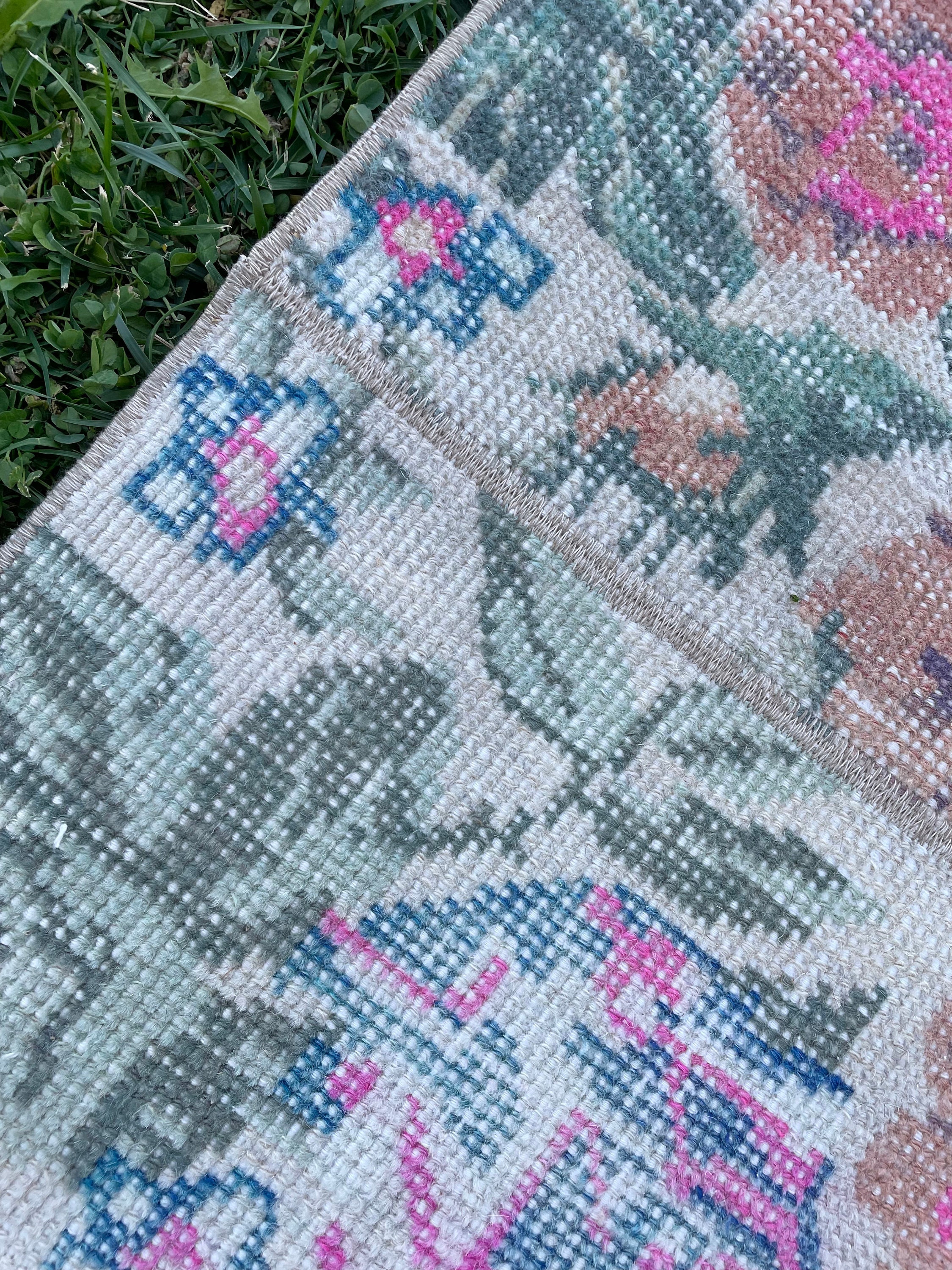 Pink and Navy Blue Square Rug Bathroom Rug Vintage Small | Etsy