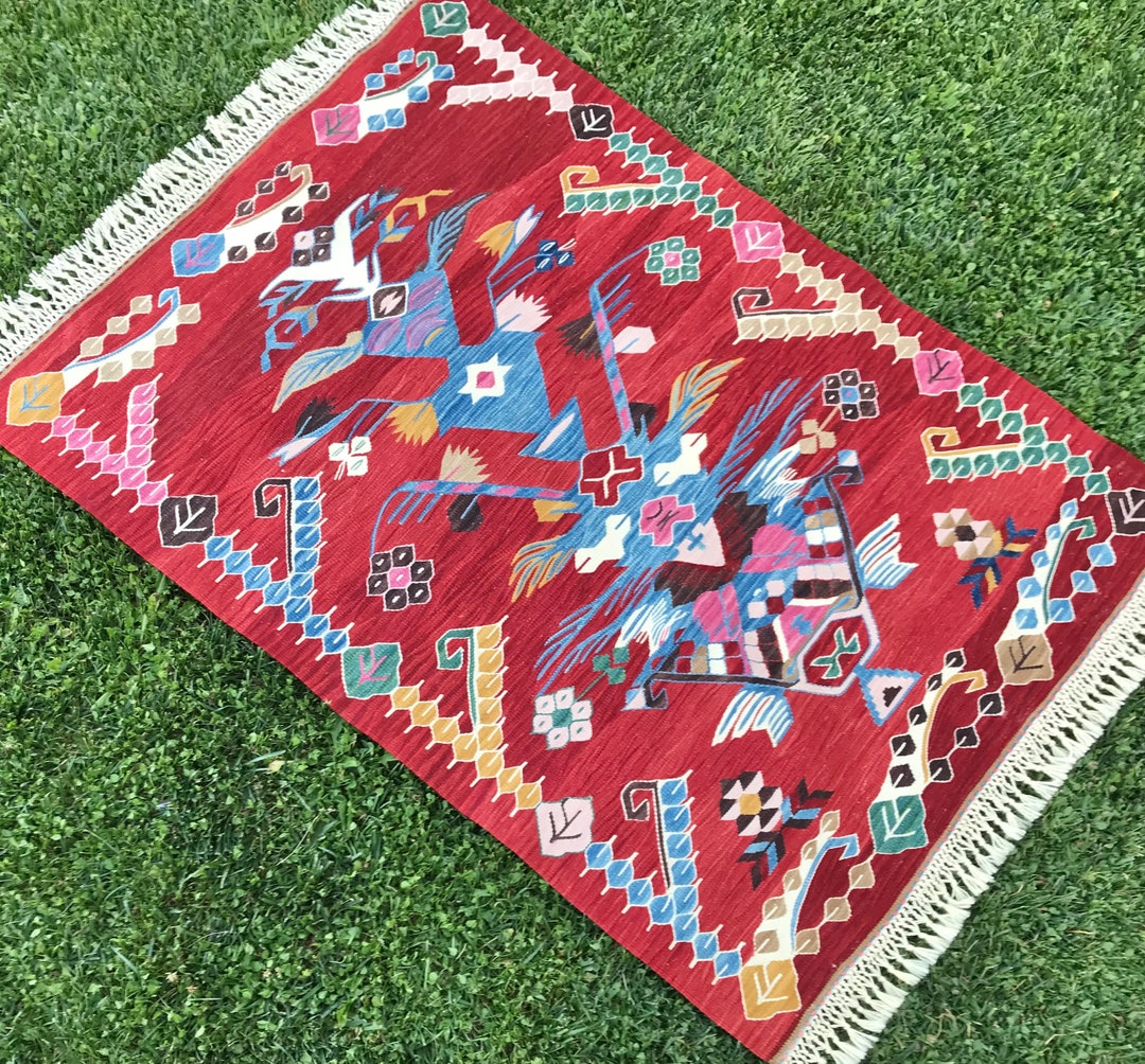 Red and Blue Turkish Wool Floor Kilim Rugs, Turkish Rug, Kilim Rugs ...