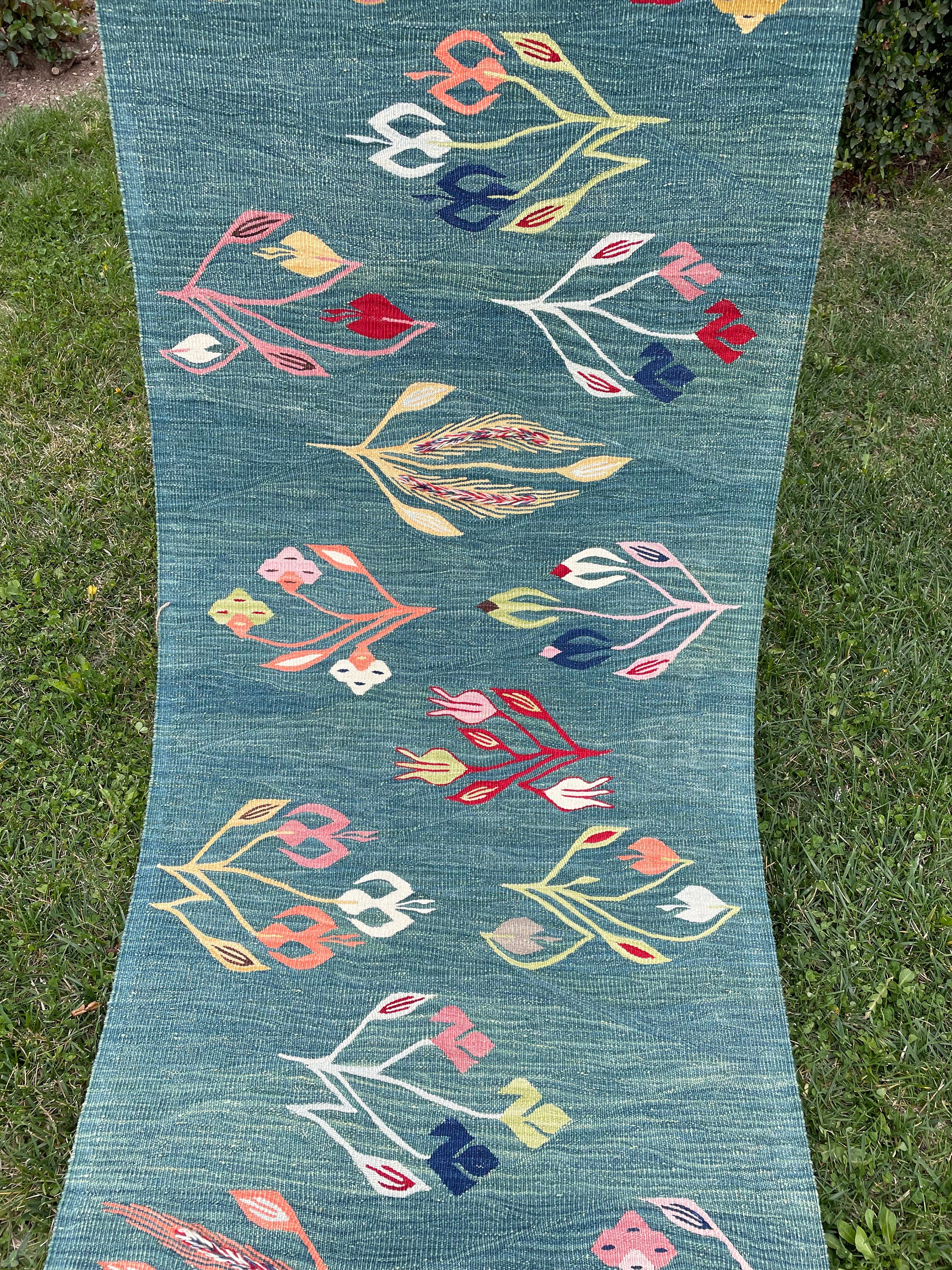Narrow Green Flower Short Runner, Runner Rug, Kilim Runner Rug, Hand ...
