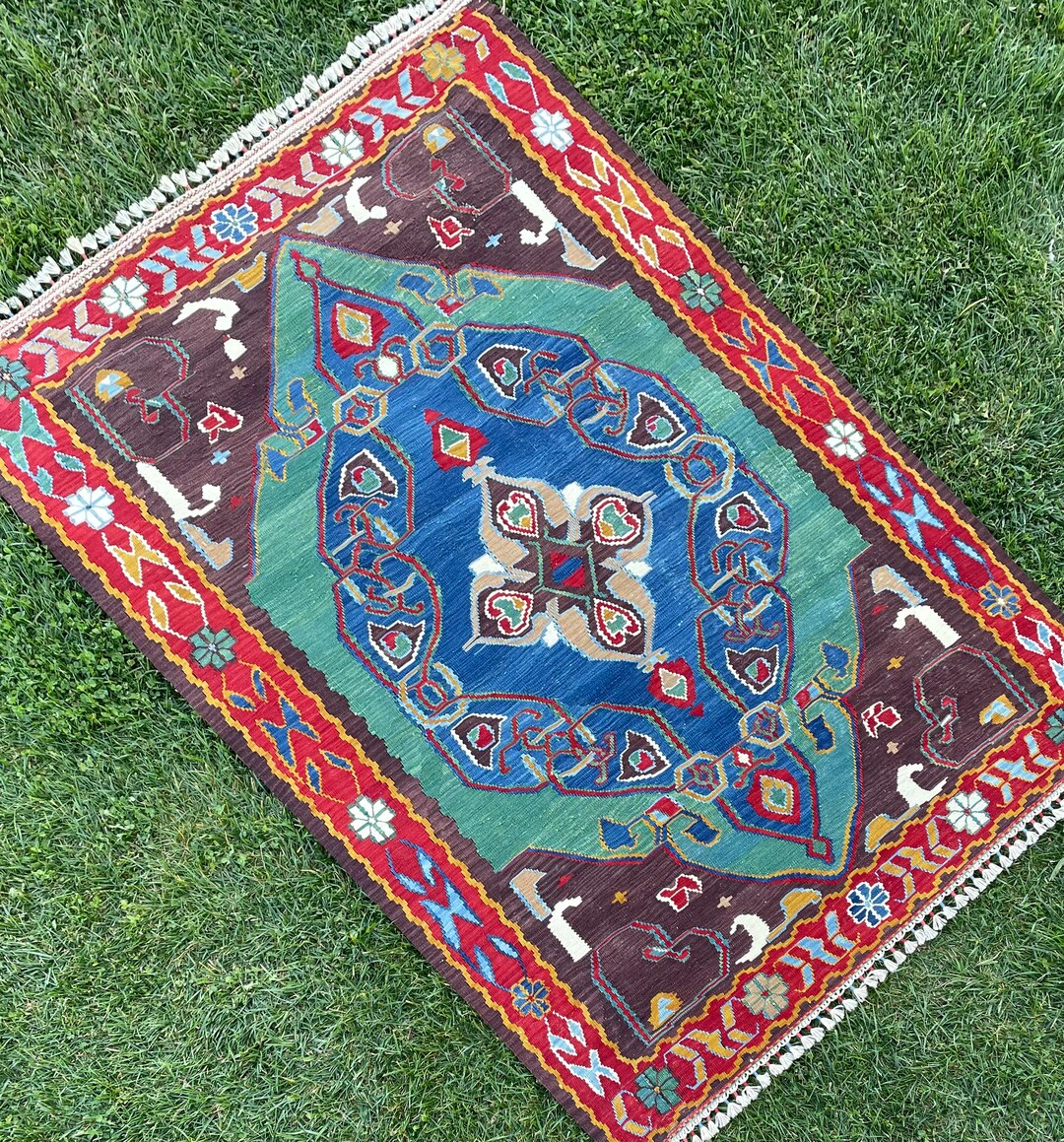 Area Kilim Rug, Indigo Blue and Green Rug, Caucasian Rug, Medallion ...