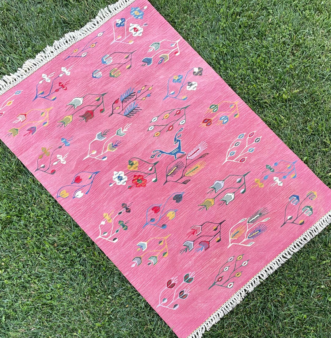 4 X 6 Sugar Pink Color Rug, Handmade Area Rug, Flowers Pattern Rug ...