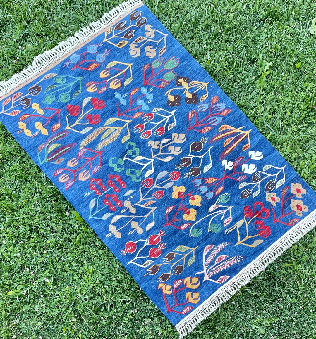 Blue Rug, Turkish Rug, Oushak Rug, Blue Color Rug, Boho Kilim Rug, Art ...