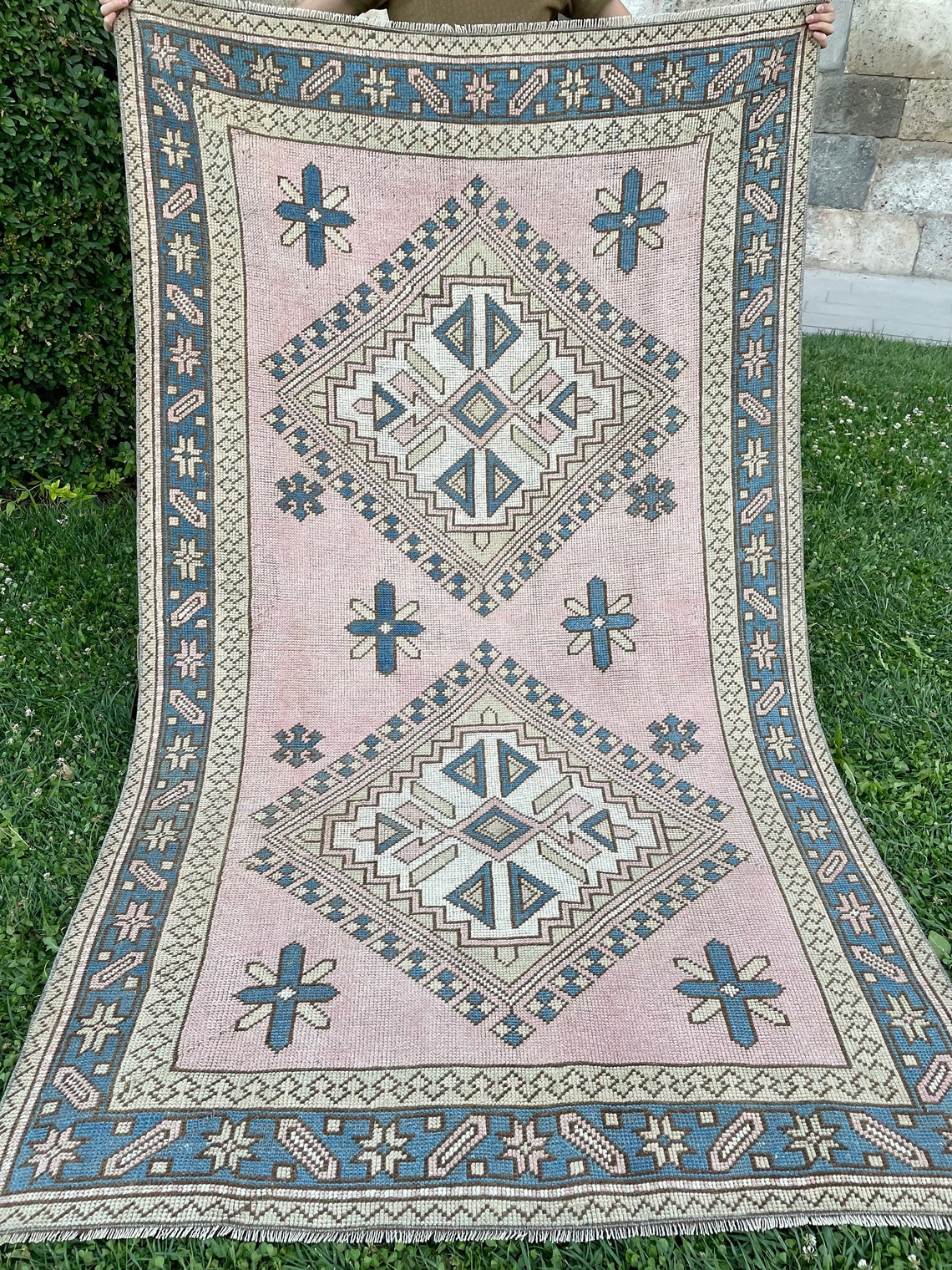 Home Decor Living Room Area Rug, Pink Blue Rug, Vintage Handmade Rug ...
