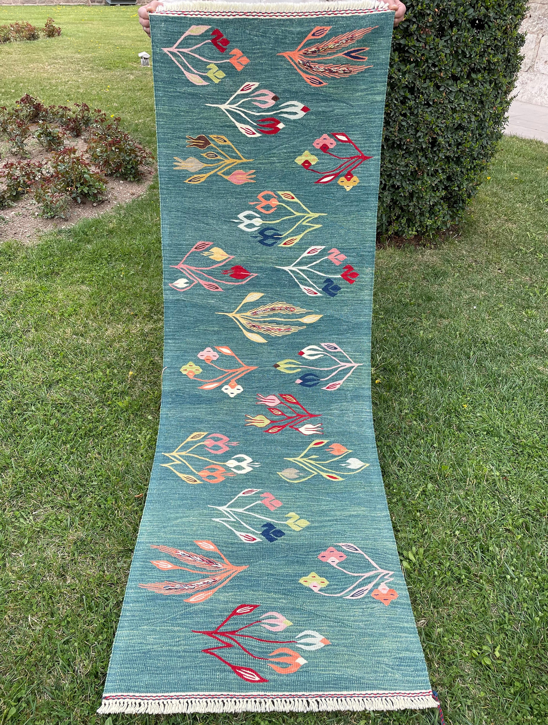 Narrow Green Flower Short Runner, Runner Rug, Kilim Runner Rug, Hand ...