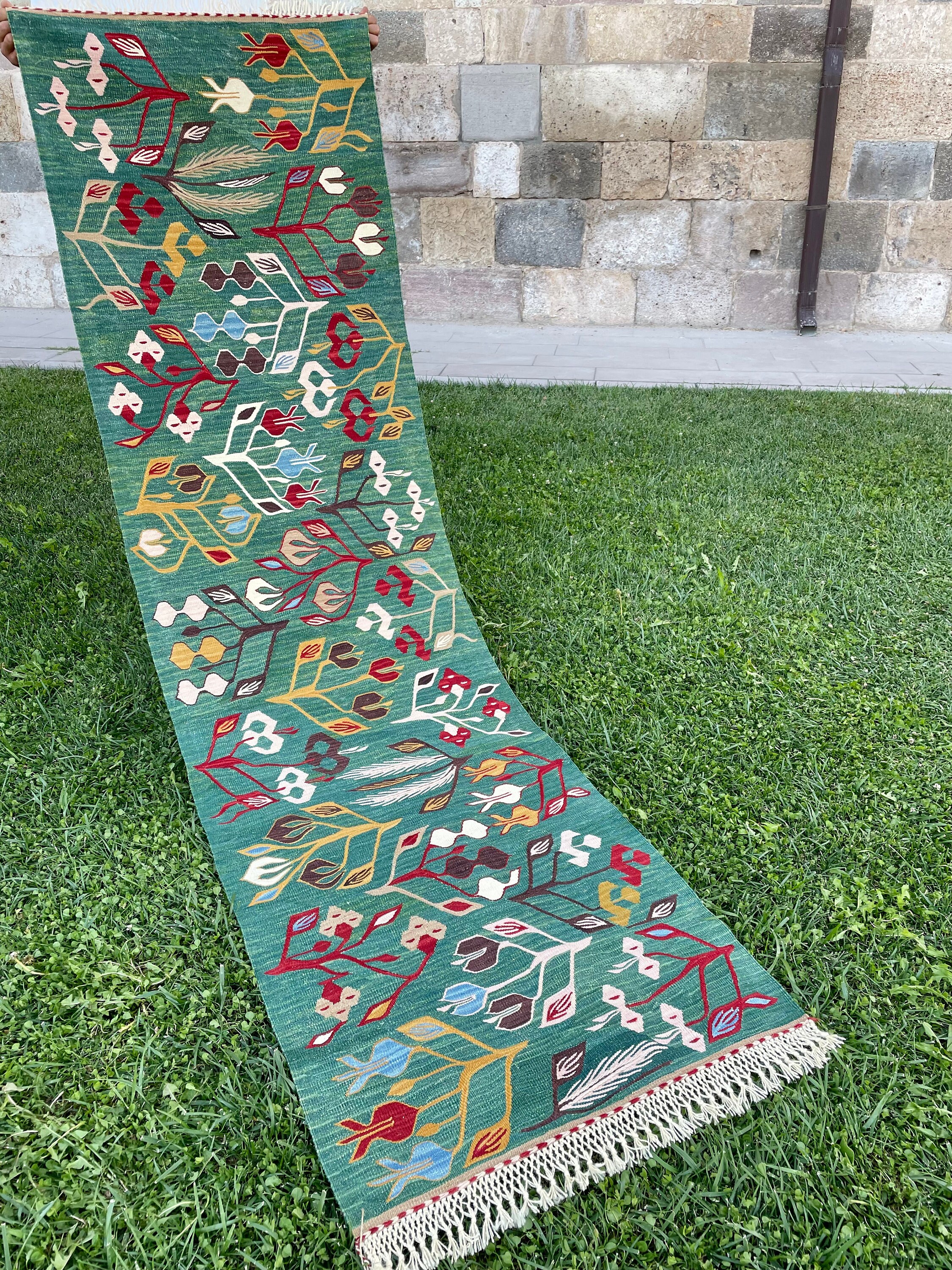 Floral Green Color Runner Rug, Turkish Oushak Runner Rug, Hallway Rug ...