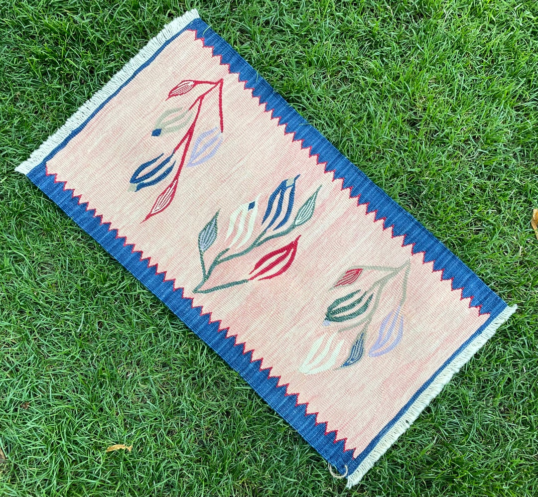 Small Runner Rug, Pink Color Rug, Kilim Rug, Floral Desing Rug, Table ...