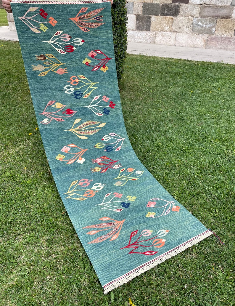 Narrow Green Flower Short Runner, Runner Rug, Kilim Runner Rug, Hand ...