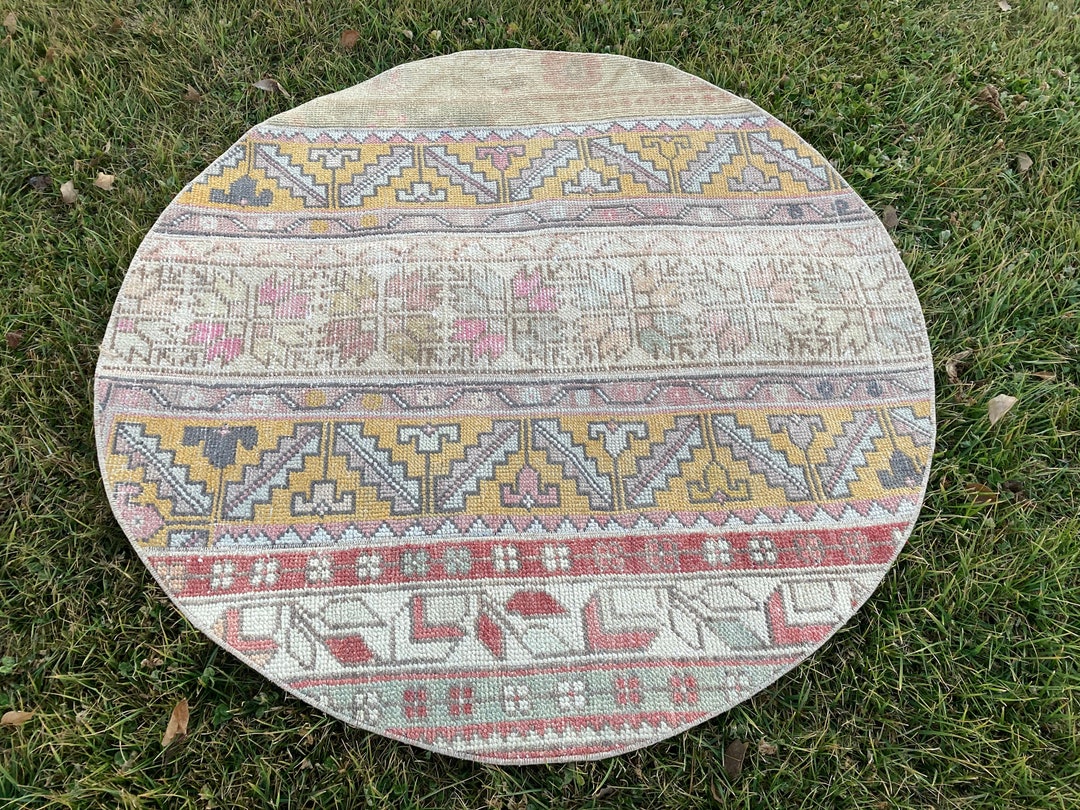 Round Rug, Muted Round Rug, Vintage Round Rug, Oushak Round Rug ...