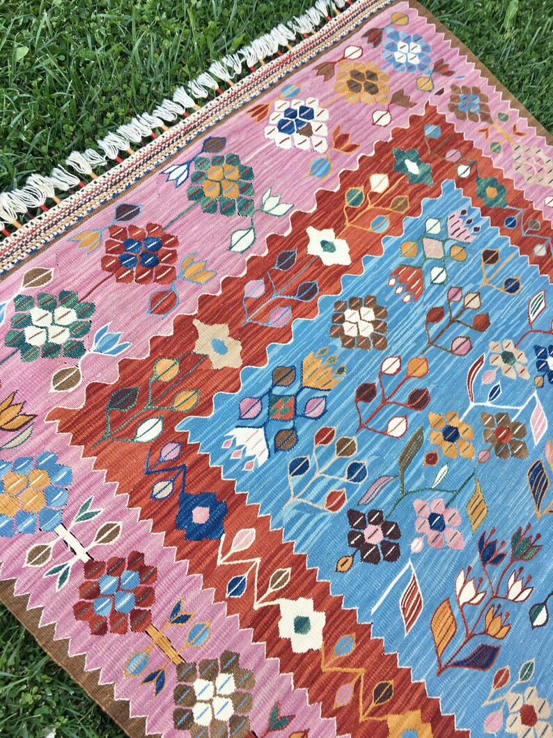 Woven Blue and Pink Accent Kilim Rug, Turkish Oushak Rug, Bedroom Rug ...