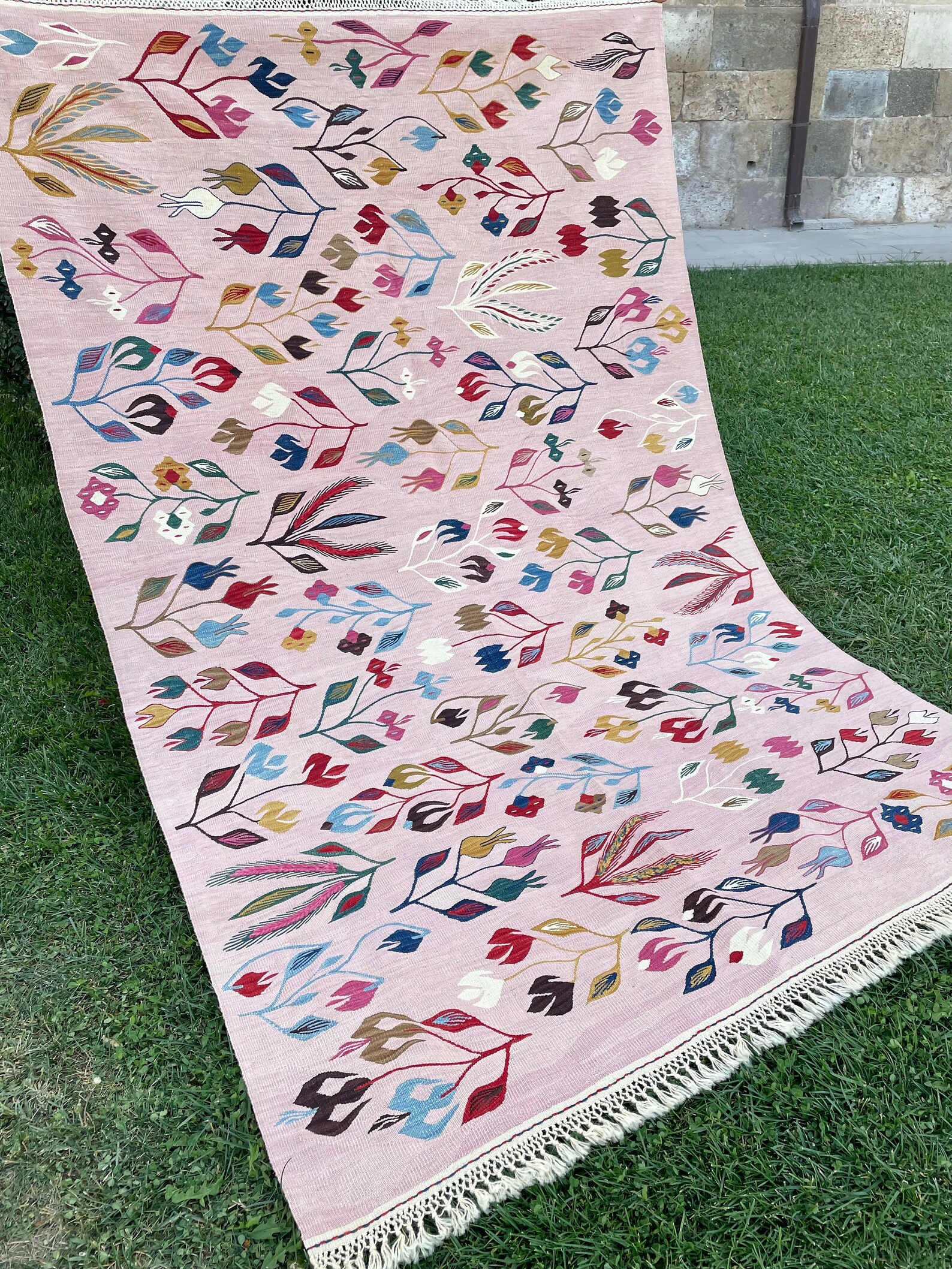 Oriental Pink Kilim Rug Pink Floor Floral Kilim Rug Pink | Etsy