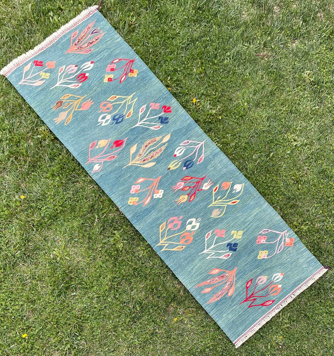 Narrow Green Flower Short Runner, Runner Rug, Kilim Runner Rug, Hand ...