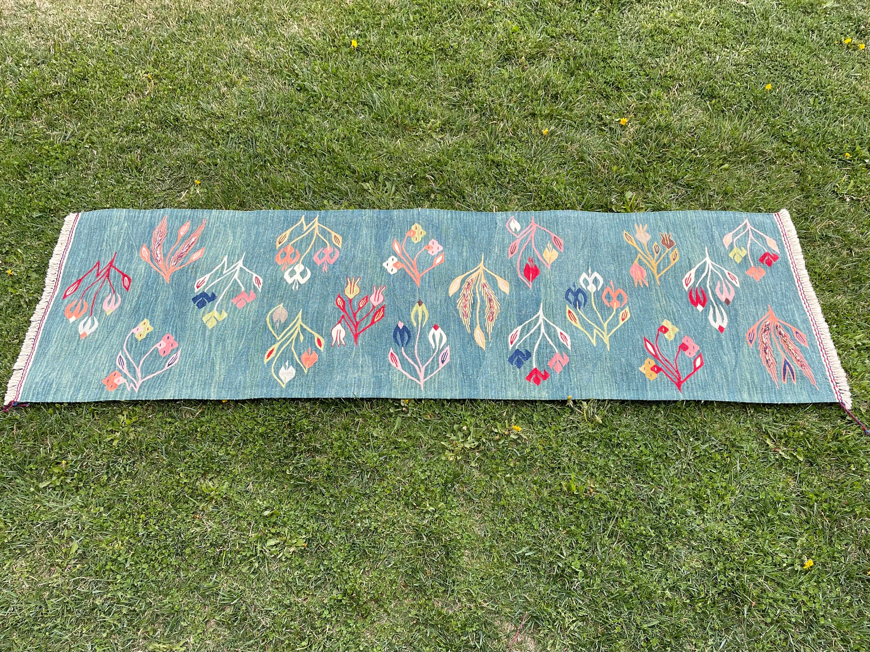 Narrow Green Flower Short Runner, Runner Rug, Kilim Runner Rug, Hand ...