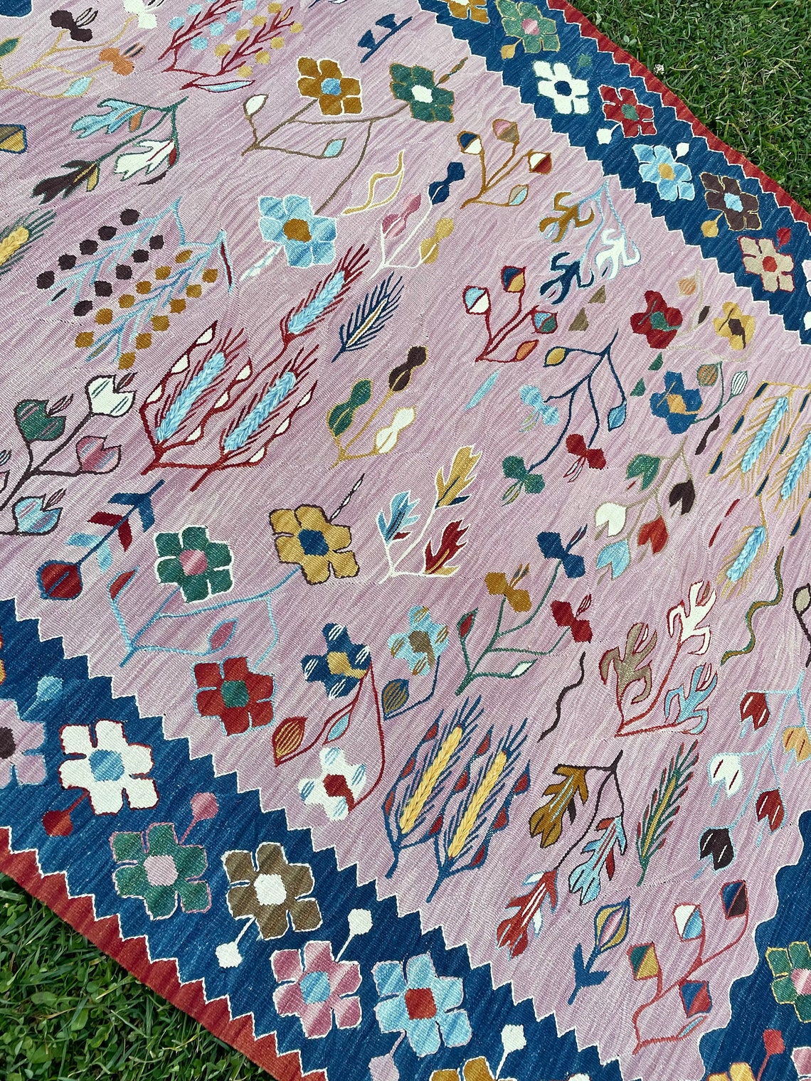 Modern Pink Bohemian Style Area Rug Turkish Wool Pink Kilim | Etsy