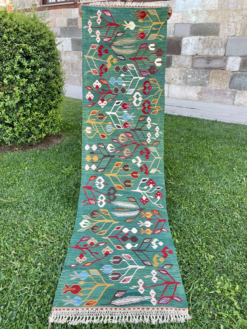Floral Green Color Runner Rug, Turkish Oushak Runner Rug, Hallway Rug ...