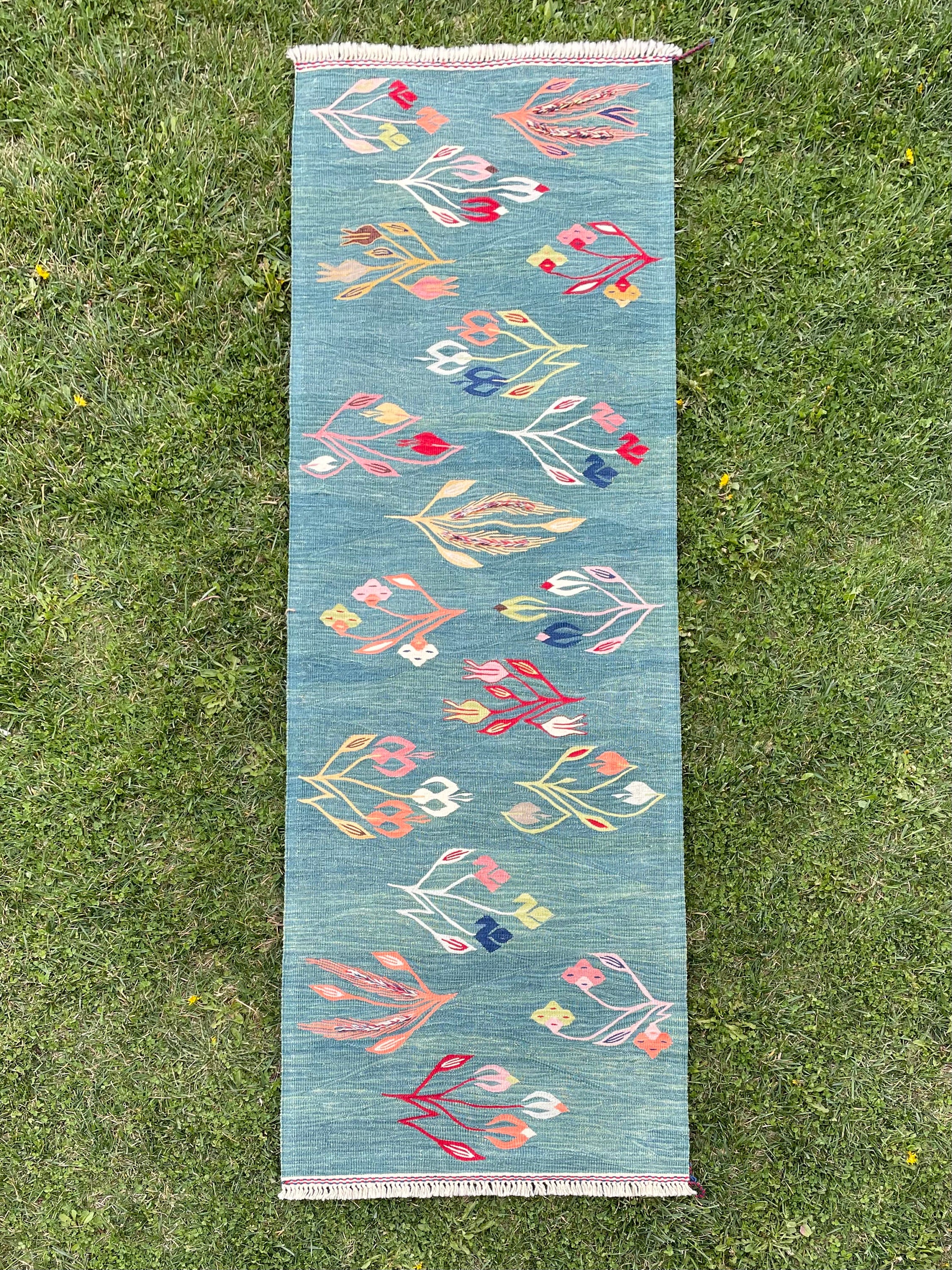 Narrow Green Flower Short Runner, Runner Rug, Kilim Runner Rug, Hand ...