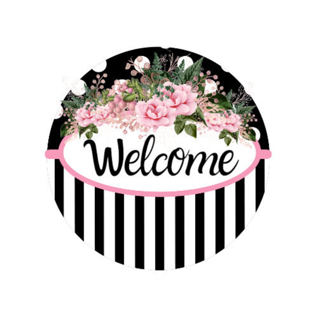 Welcome Round Wreath Sign, Pink and Black Farmhouse Spring Sign, Wall ...