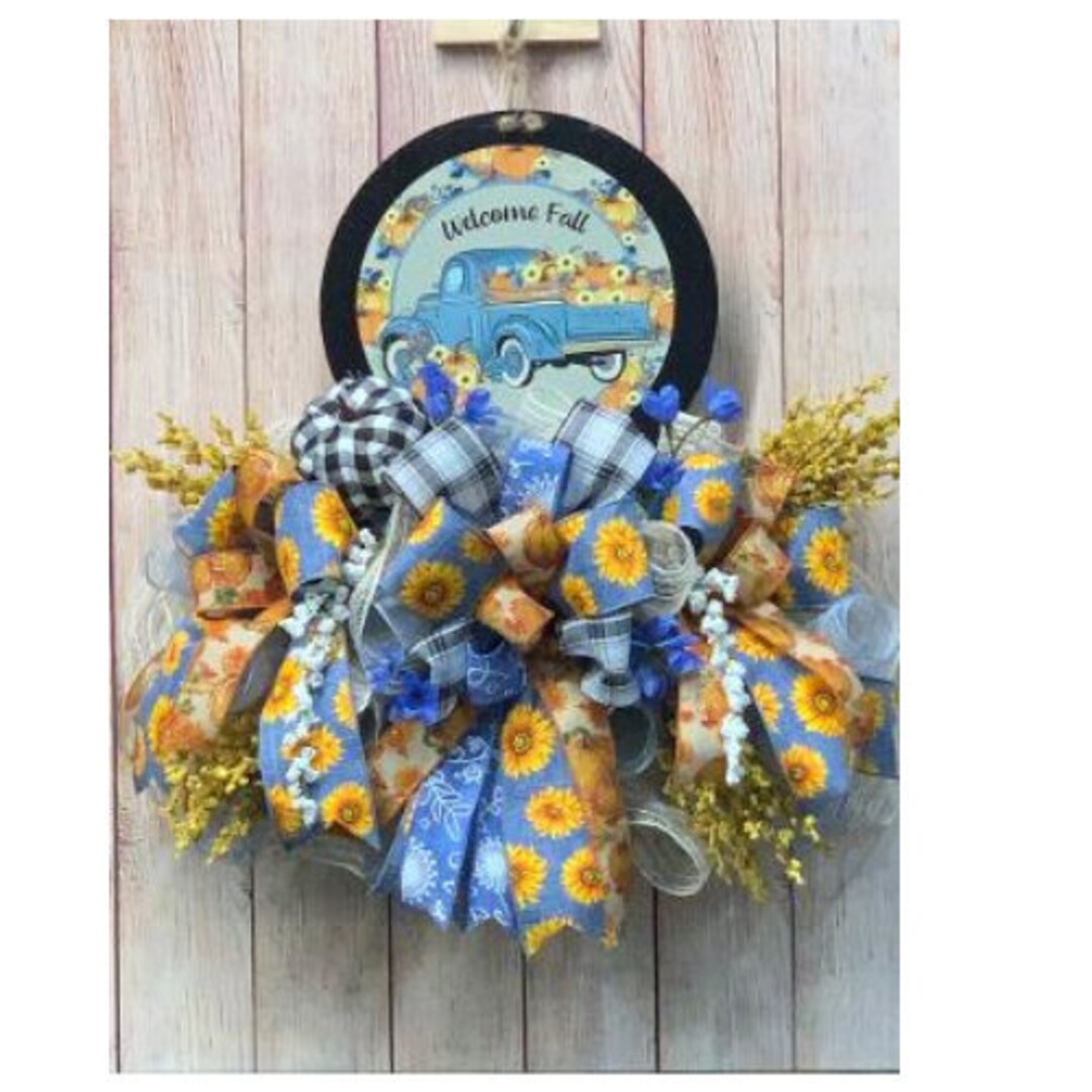 Fall Blue Truck and Pumpkins Wreath Rail, Wall Hanging, Front Door ...