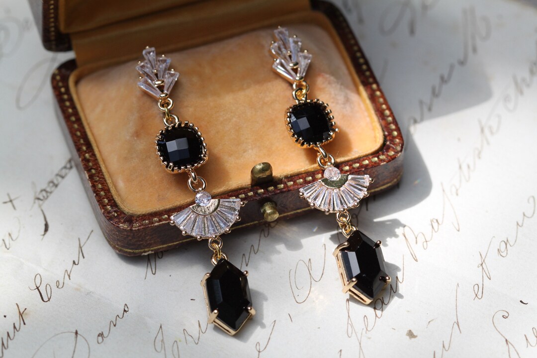 Art Deco Fan Earrings, Black Gold Earrings, Geometric Statement ...