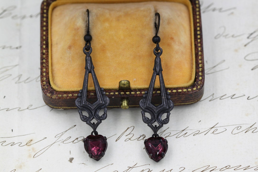 Black Goth Gothic Earrings, Victorian Mourning Jewelry, Purple Crystal ...