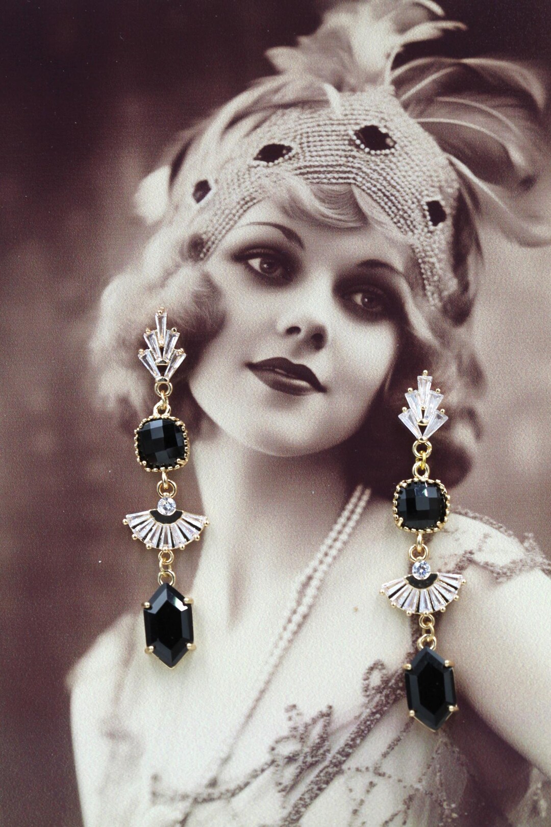 Art Deco Black Gatsby Flapper Earrings, Starburst Geometric 1920s Long ...