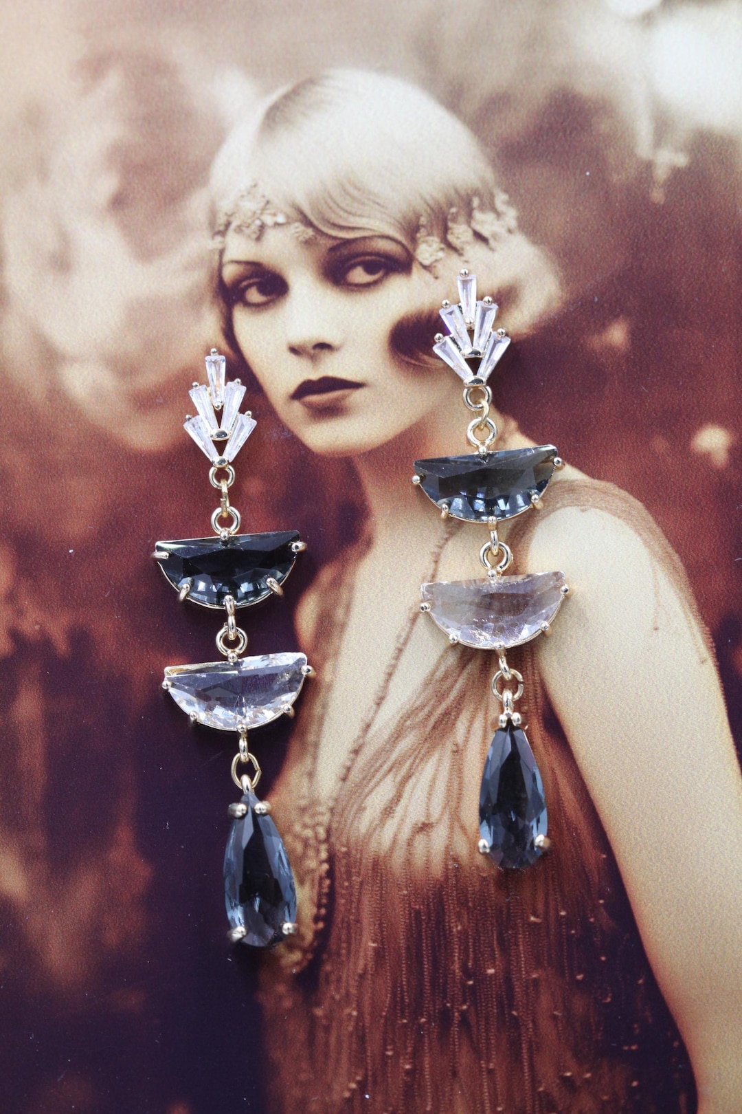 Art Deco 1920s Gatsby Flapper Earrings, Charcoal Grey Bridal Bridesmaid ...