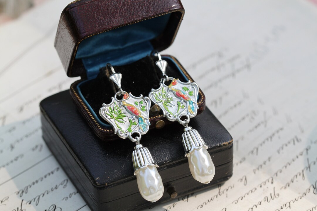 Vogel Perlen Ohrringe, lustige Kolibri Ohrringe, 1920er Jahre Silber ...