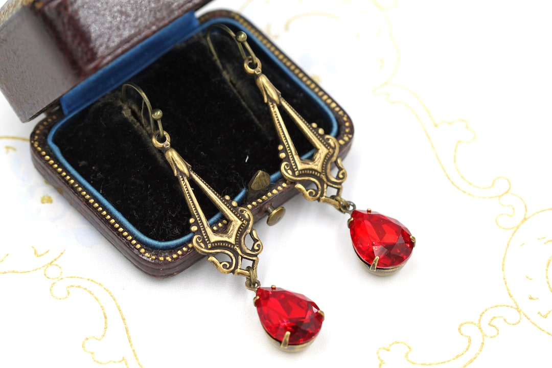 Regency Art Deco Earrings, Edwardian Jewelry, Red Crystal Prom Earrings ...