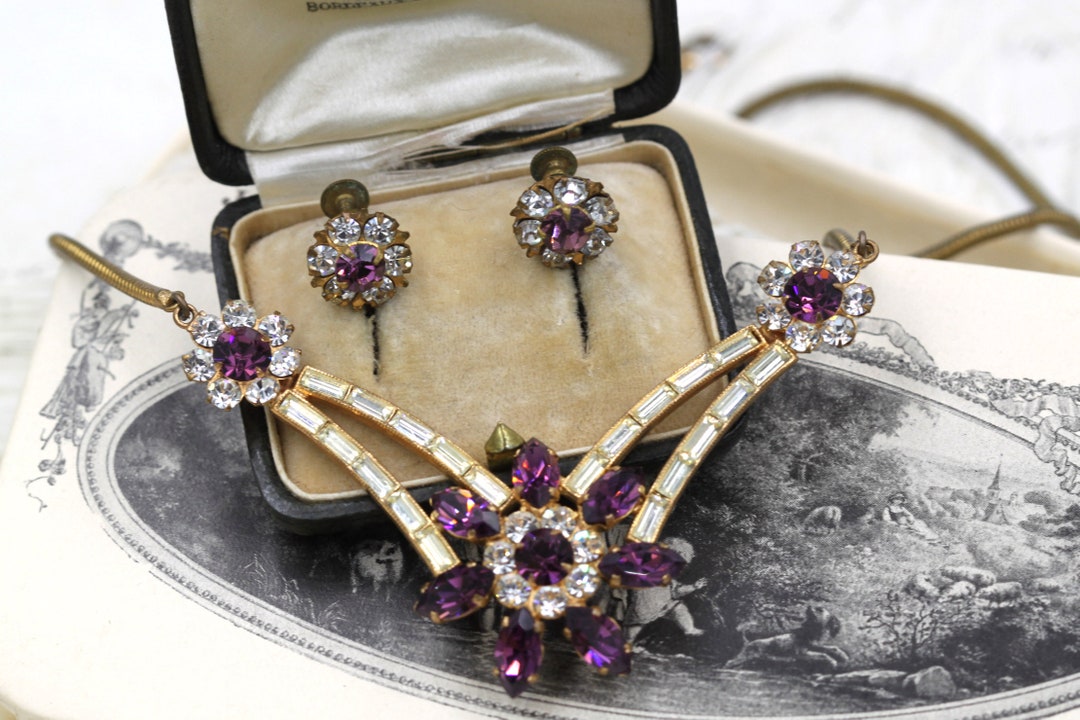 Bridal Purple Crystal Necklace Set, Flower Necklace Earrings ...