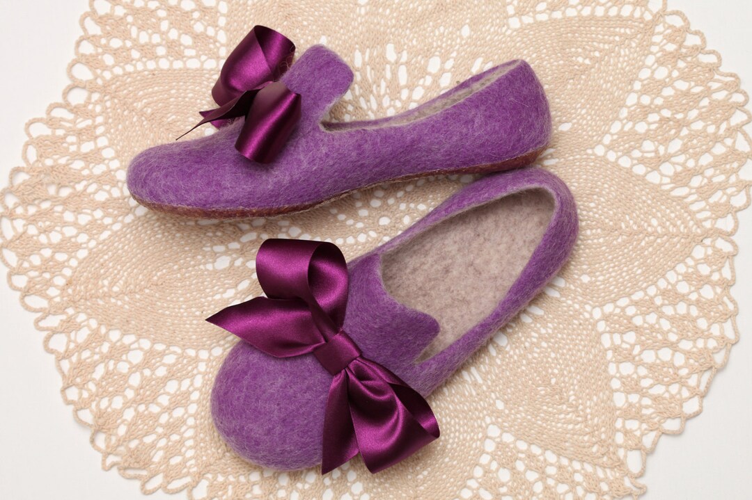Gift for Your Partner. Purple Wet Felted Wool Slippers With Cream ...