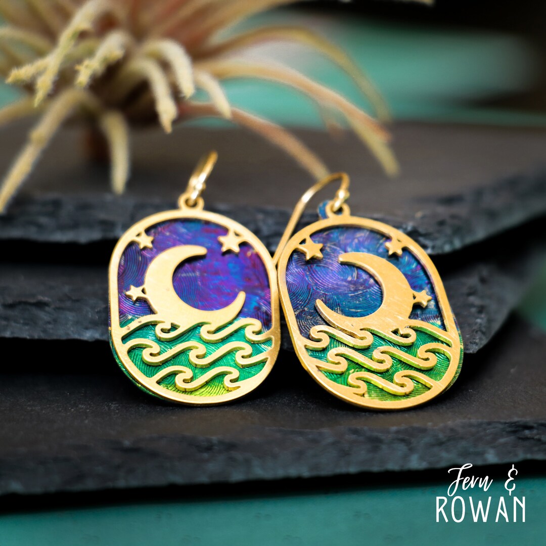 Crescent Moon and Ocean Earrings, Modern Landscape Earrings, Blue Green ...