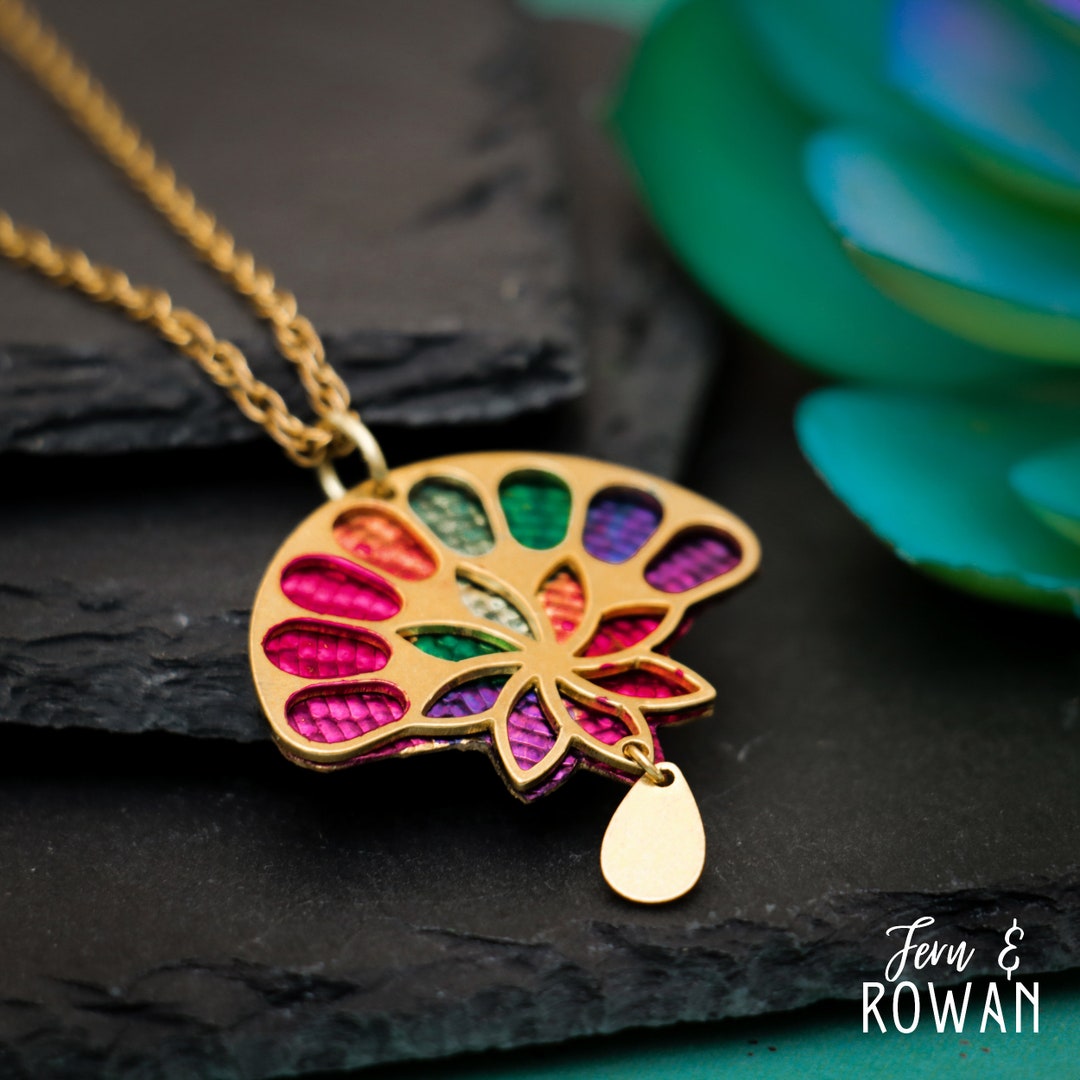 Rainbow Fan Necklace, Gold Fan Shaped Pendant Necklace, Art Deco ...